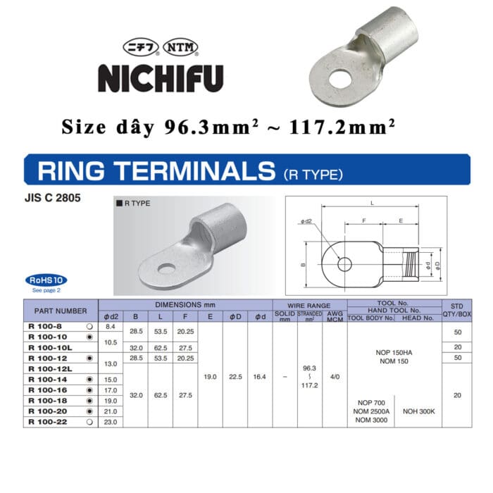 Đầu cos tròn R100 Nichifu R100-8 R100-10 R100-12 R100-14 Nhật